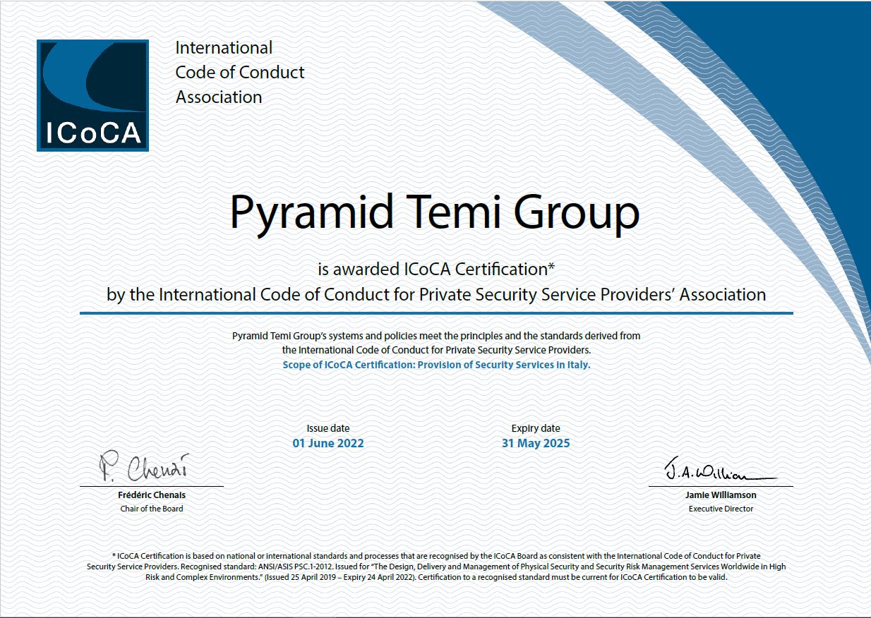 Pyramid Temi Group achieve ICoCA Certification - Pyramid Temi Group Srl